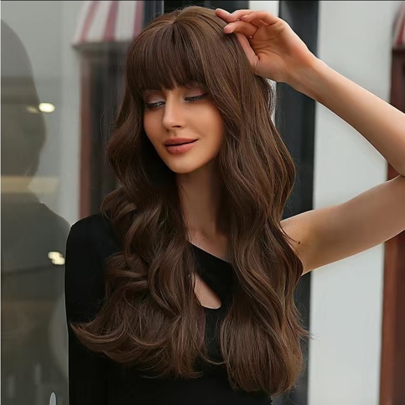 Hair | Dark Brown Long Layers 24 Inch Wig With Bangs | Poshmark